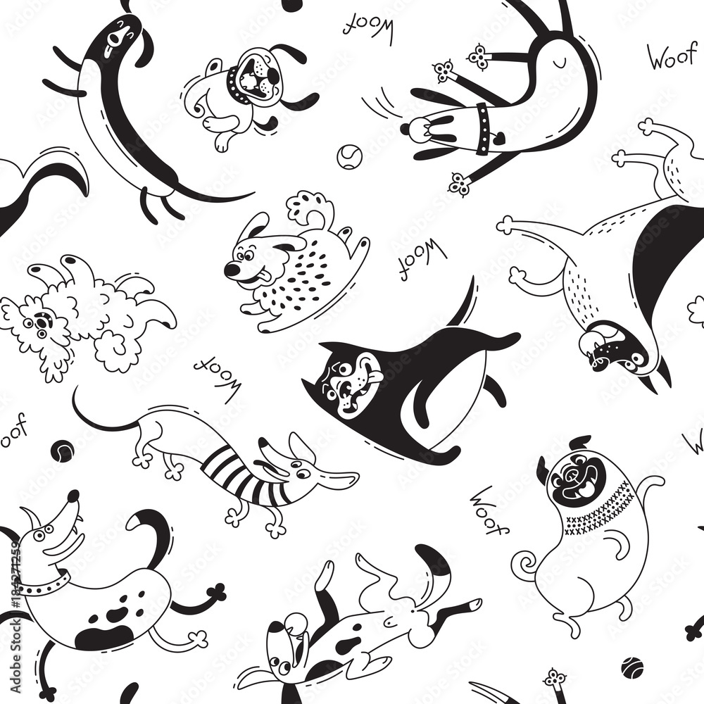 Playing dogs seamless pattern. Funny lap-dog, happy pug, mongrels and ...