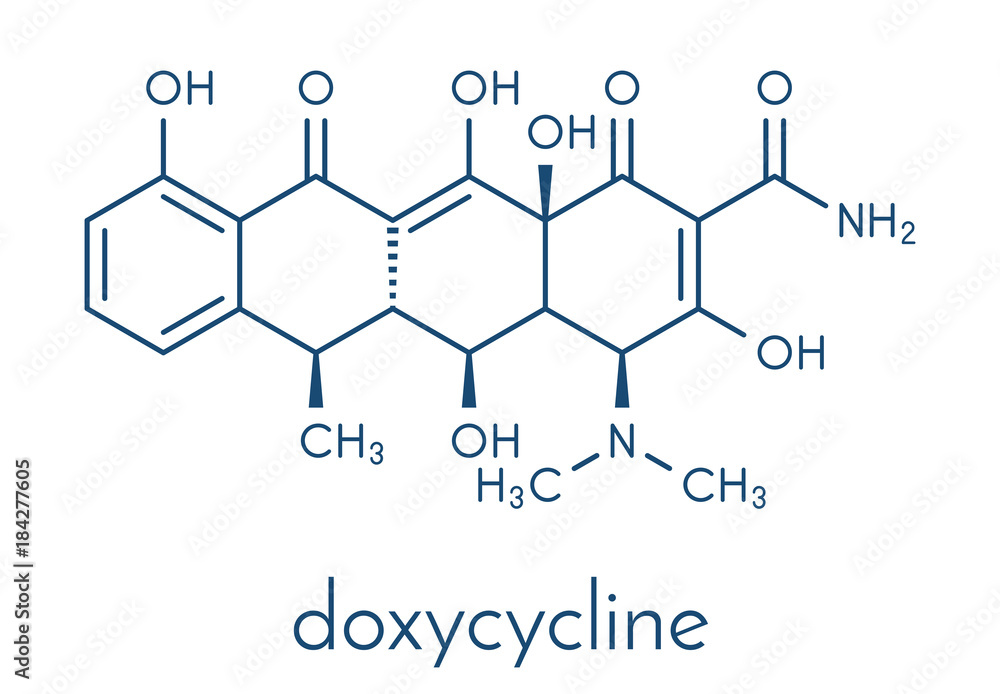 Doxycycline antibiotic drug (tetracycline class) molecule. Skeletal ...