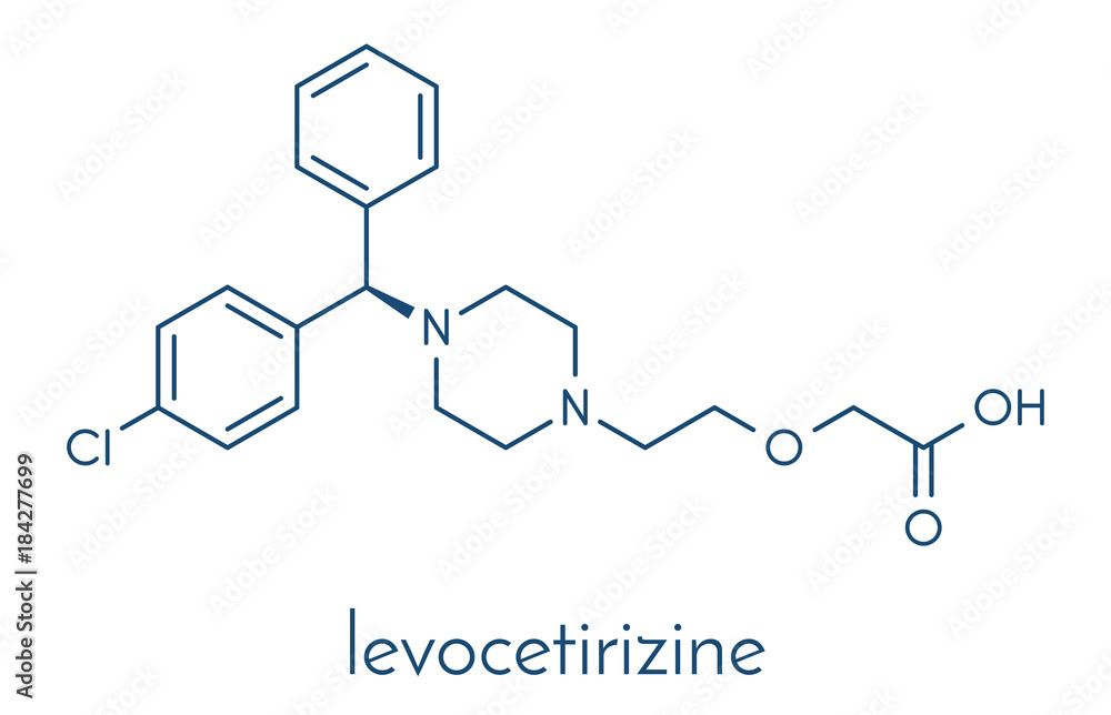 Levocetirizine antihistamine drug molecule. Used to treat hay fever ...