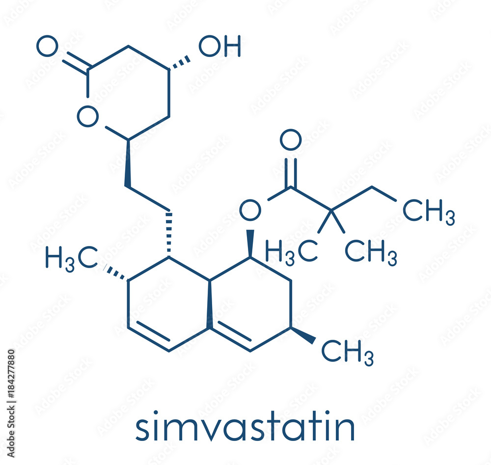 Simvastatin cholesterol lowering drug (statin class) molecule. Skeletal ...