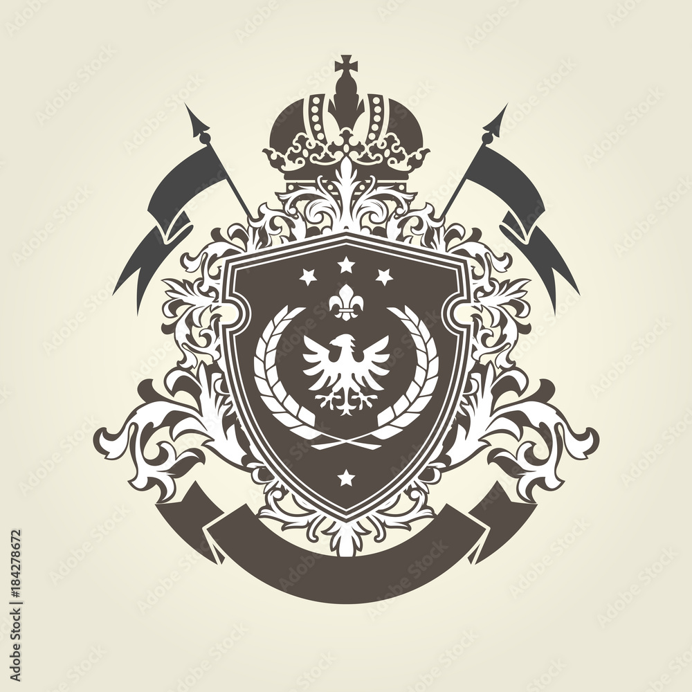 Royal coat of arms - heraldic blazon with crown and shield with eagle ...