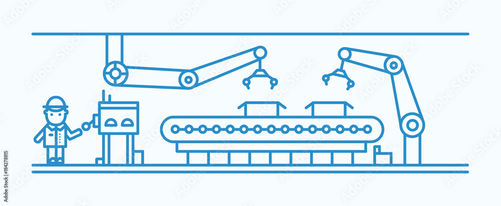Industrial belt conveyor equipped with robotic arms conveying boxes and ...
