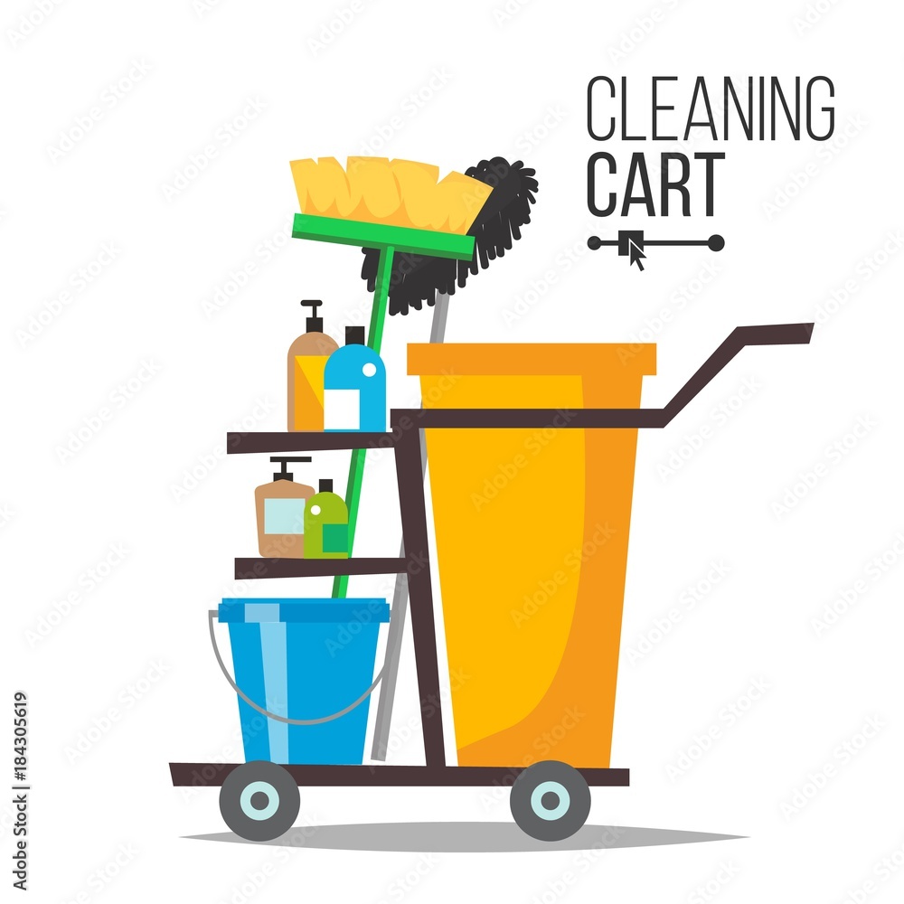 Cleaning Cart Vector. Classic Trolley Cleaning Service Cart. Broom ...