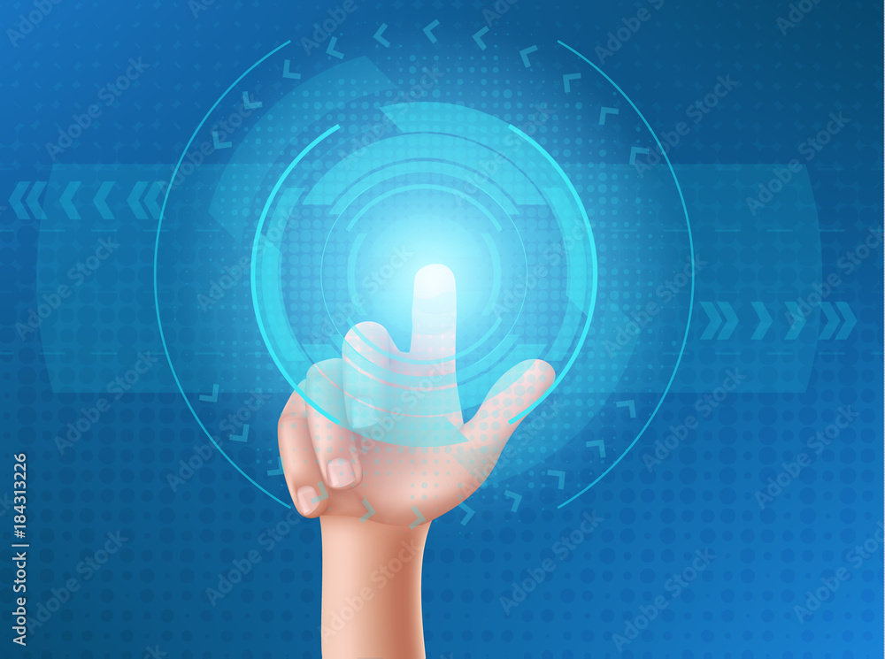 Human hand press with the index finger on touchscreen, clicks his ...