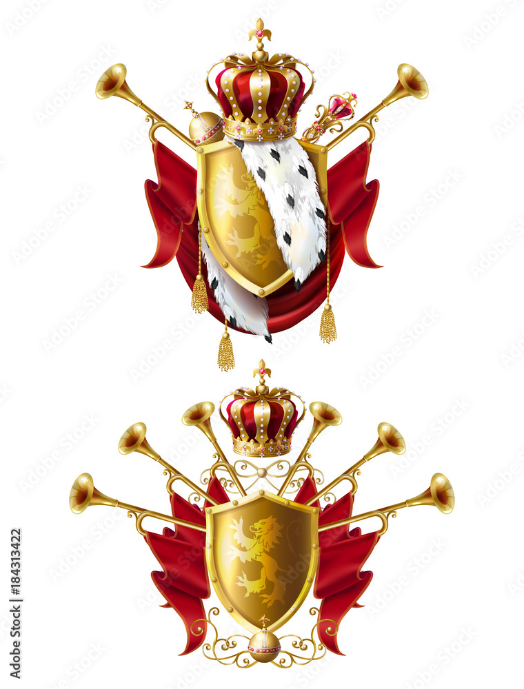 Royal golden crowns with jewels, fanfares, scepter, orb and coat of ...