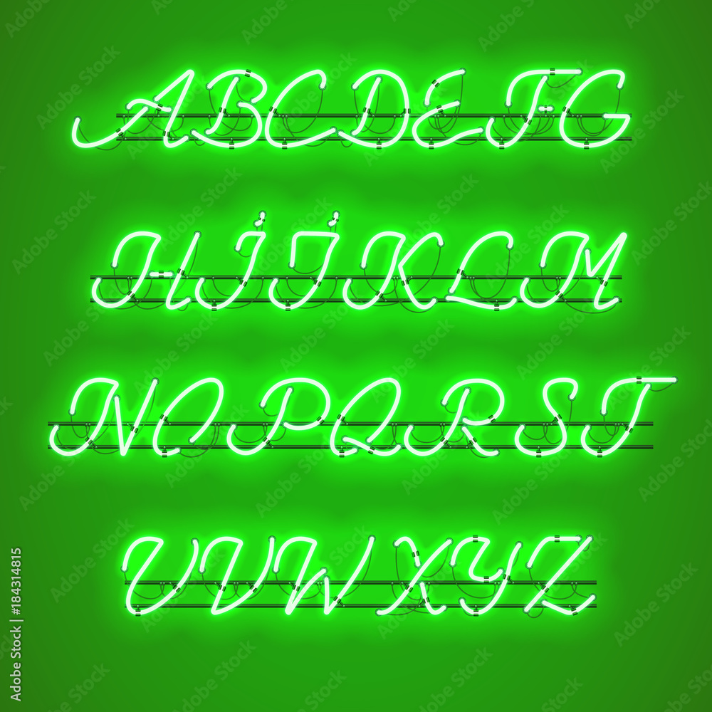 Glowing Green Neon Script Font with uppercase letters from A to Z with ...