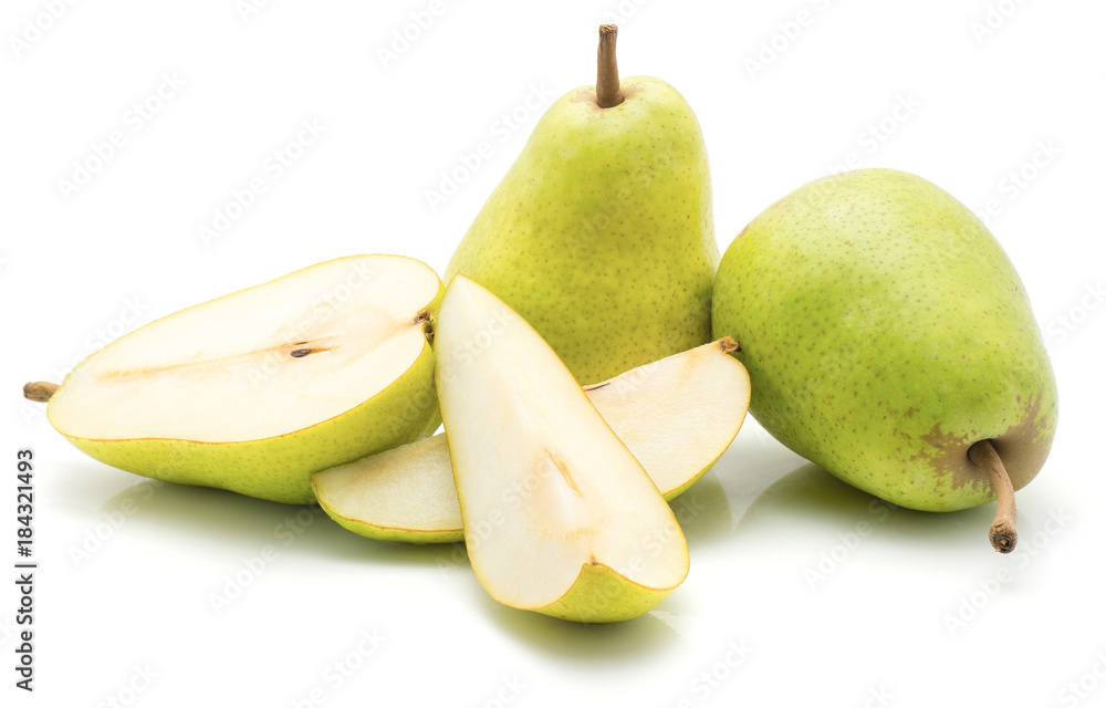 Green pears stack isolated on white background two whole one half and ...