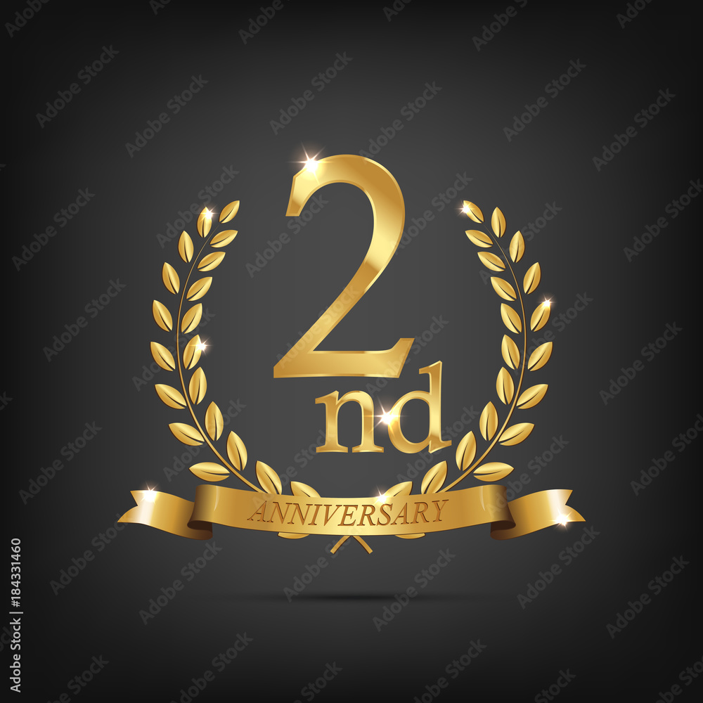 2 anniversary golden symbol. Golden laurel wreaths with ribbons and ...