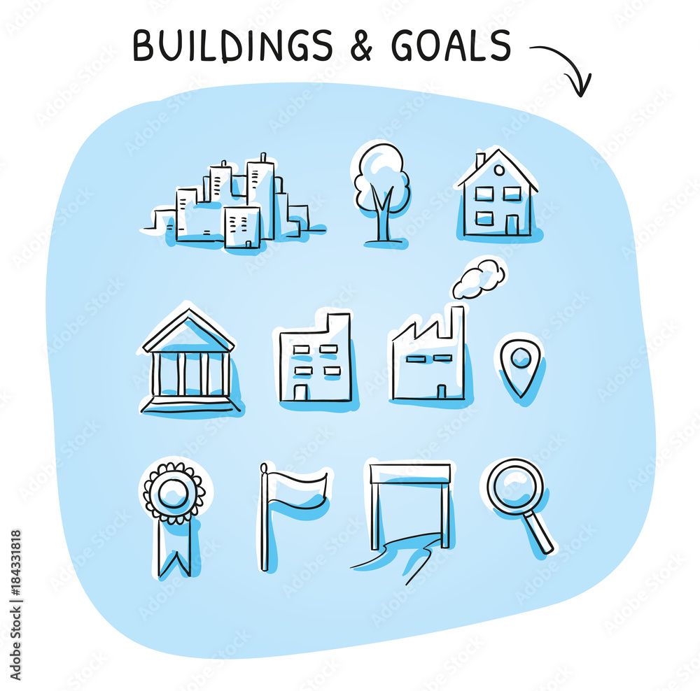 Icon set with buildings and location icons, as industry, office, house ...