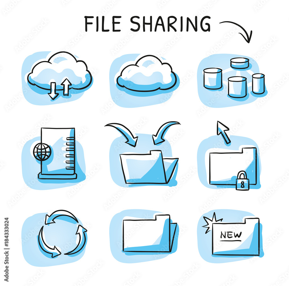 Set with different file sharing icons, as clouds, file folder, server ...