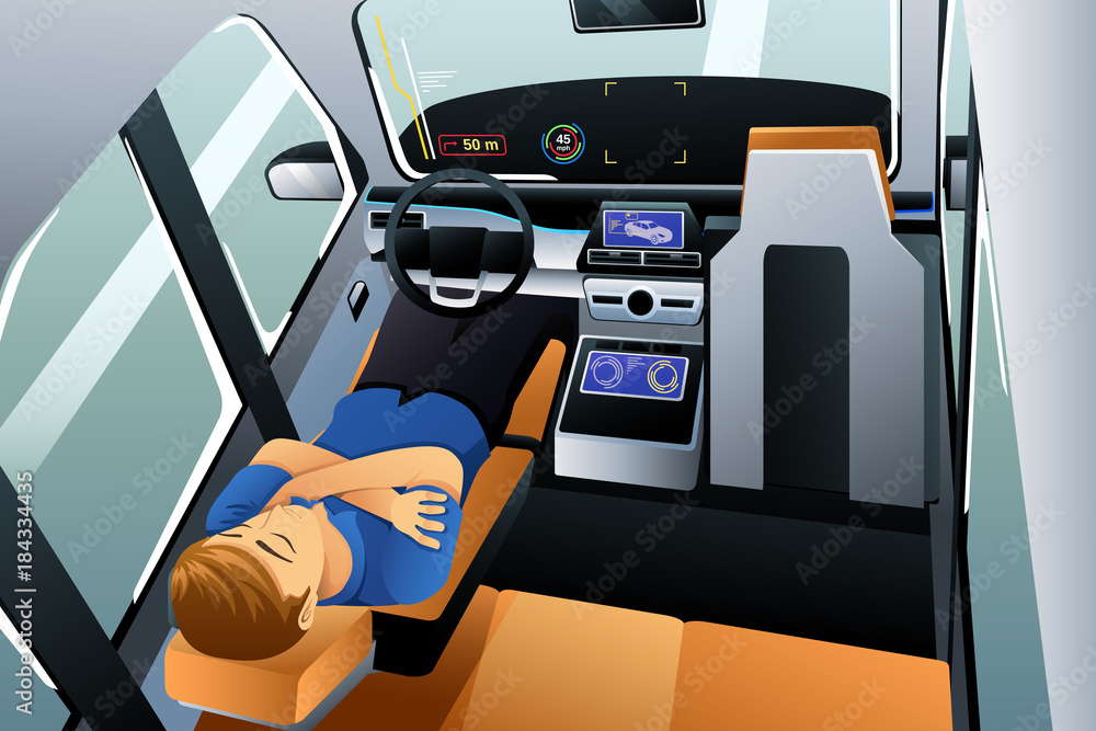 Man Sleeping in Self Driving Car Illustration Stock Vector | Adobe Stock