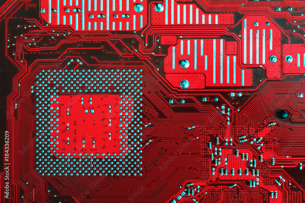 Red circuit board background of computer motherboard. Circuit board ...