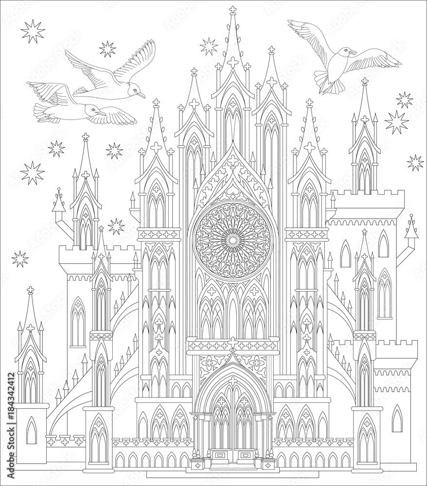 Fairyland medieval Gothic castle. Black and white page for coloring ...