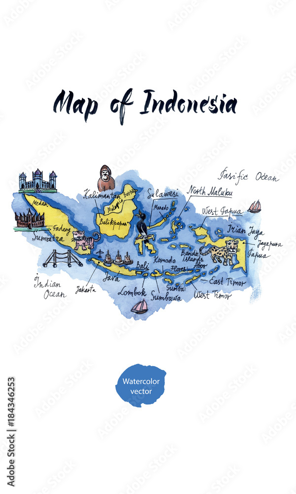 Map of attractions of Indonesia, watercolor hand drawn vector ...