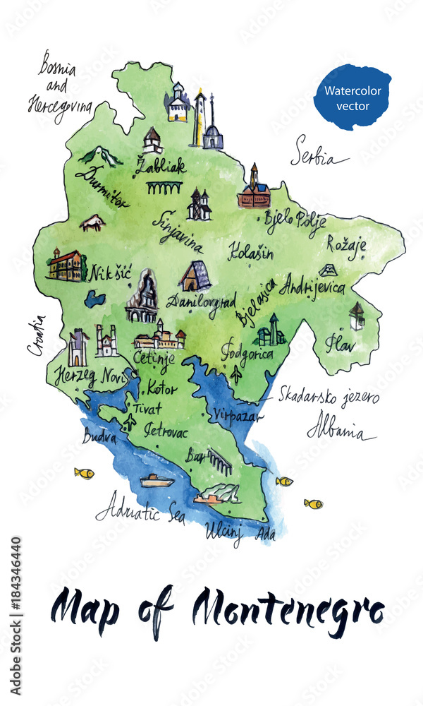 Map of attractions of Montenegro, watercolor hand drawn vector ...