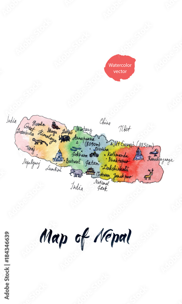 Map of attractions of Nepal, watercolor hand drawn vector illustration ...