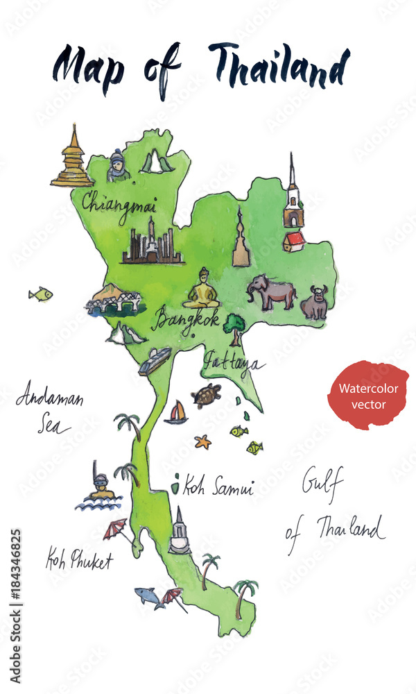 Map of attractions of Thailand, watercolor hand drawn vector ...