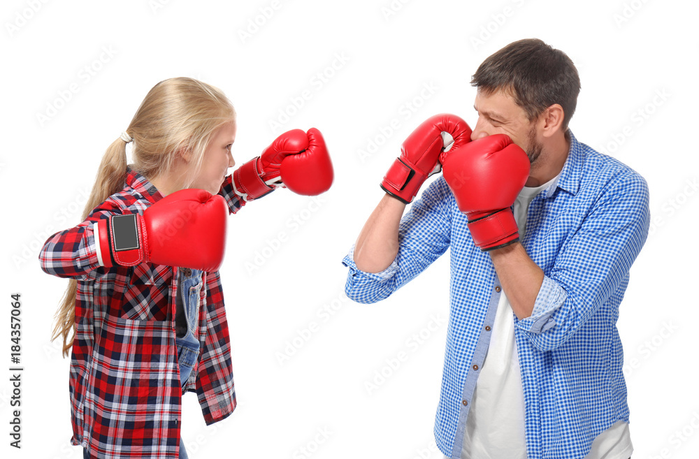 Cute little girl and her father boxing on white background Stock Photo ...