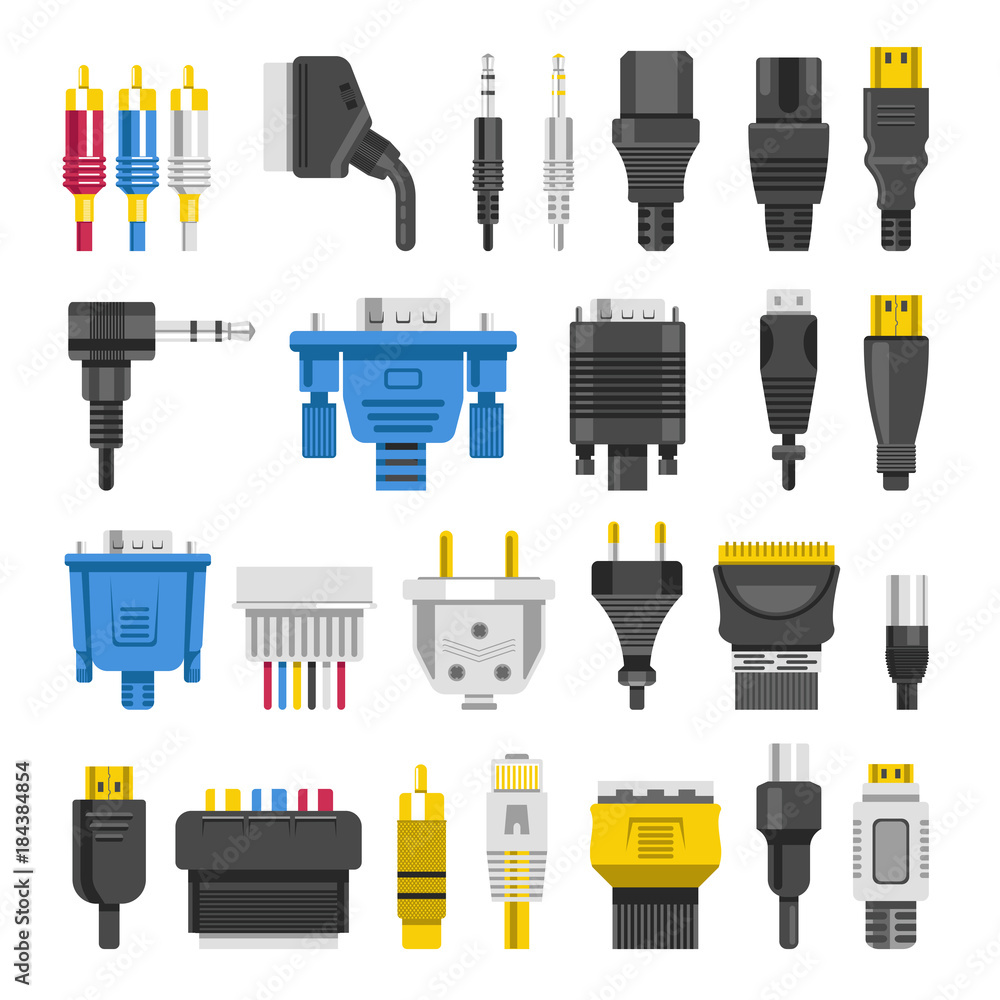 Cable ports jacks different digital outputs vector flat isolated icons ...