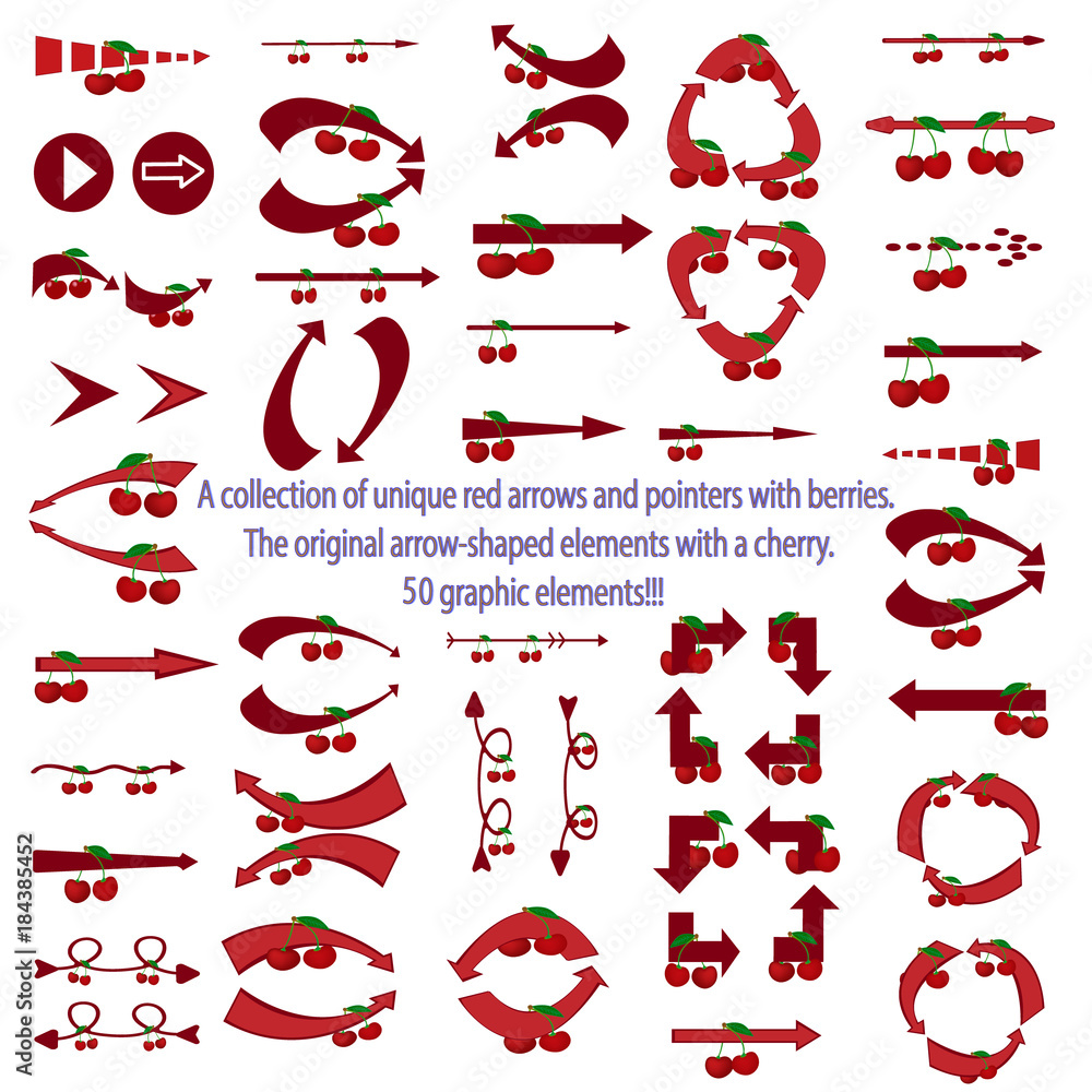 Set of red arrows. A collection of unique red arrows and pointers with ...