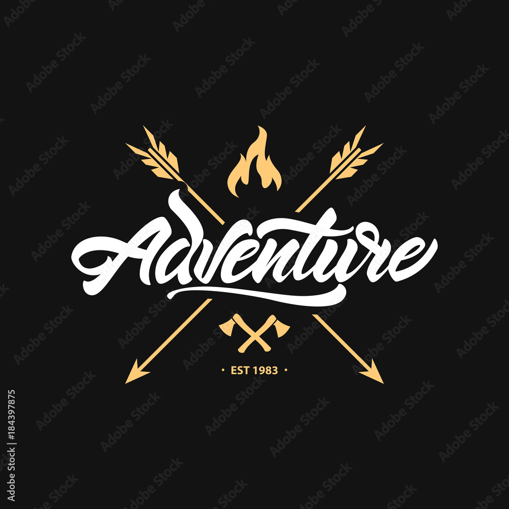 Vector illustration ADVENTURE lettering logo with axe, arrow and ...
