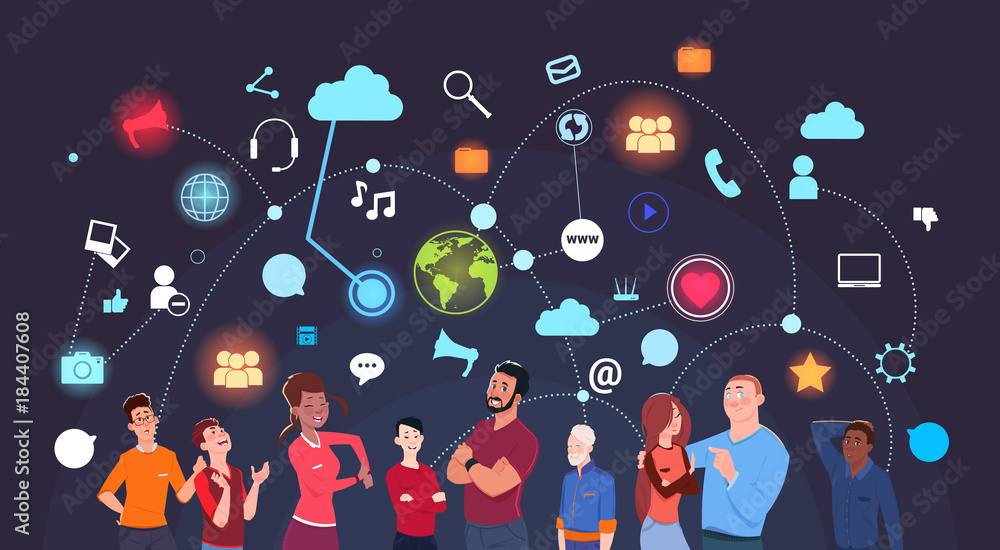 Group Of People Over Social Media Icons Background Internet And Modern ...