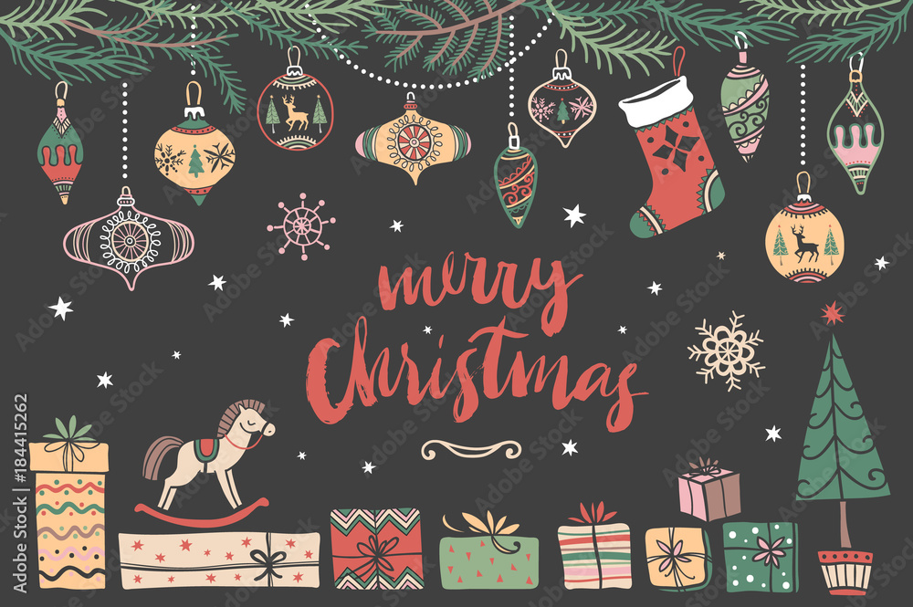 Christmas hand drawn design elements with calligraphy. Handwritten ...