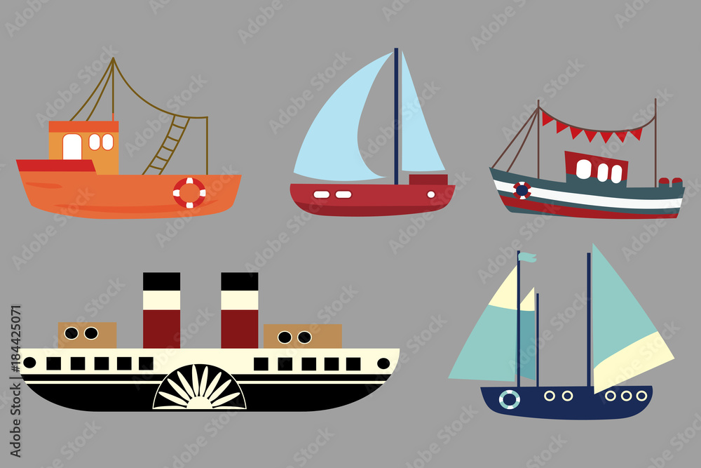 Vector set of cartoon ships. A collection of old steamers. Sailing ...
