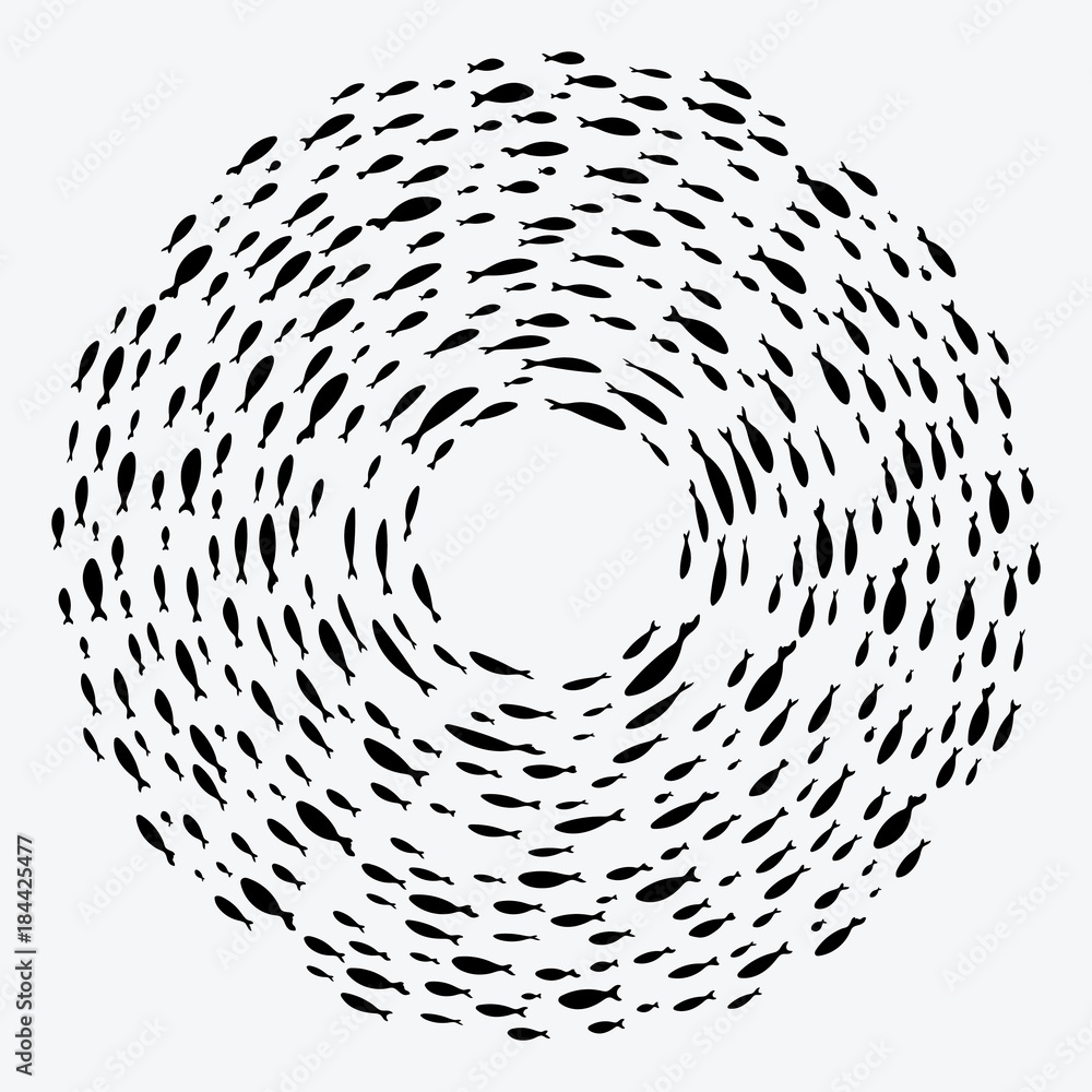 School of fish. A group of silhouette fish swim in a circle. Marine ...