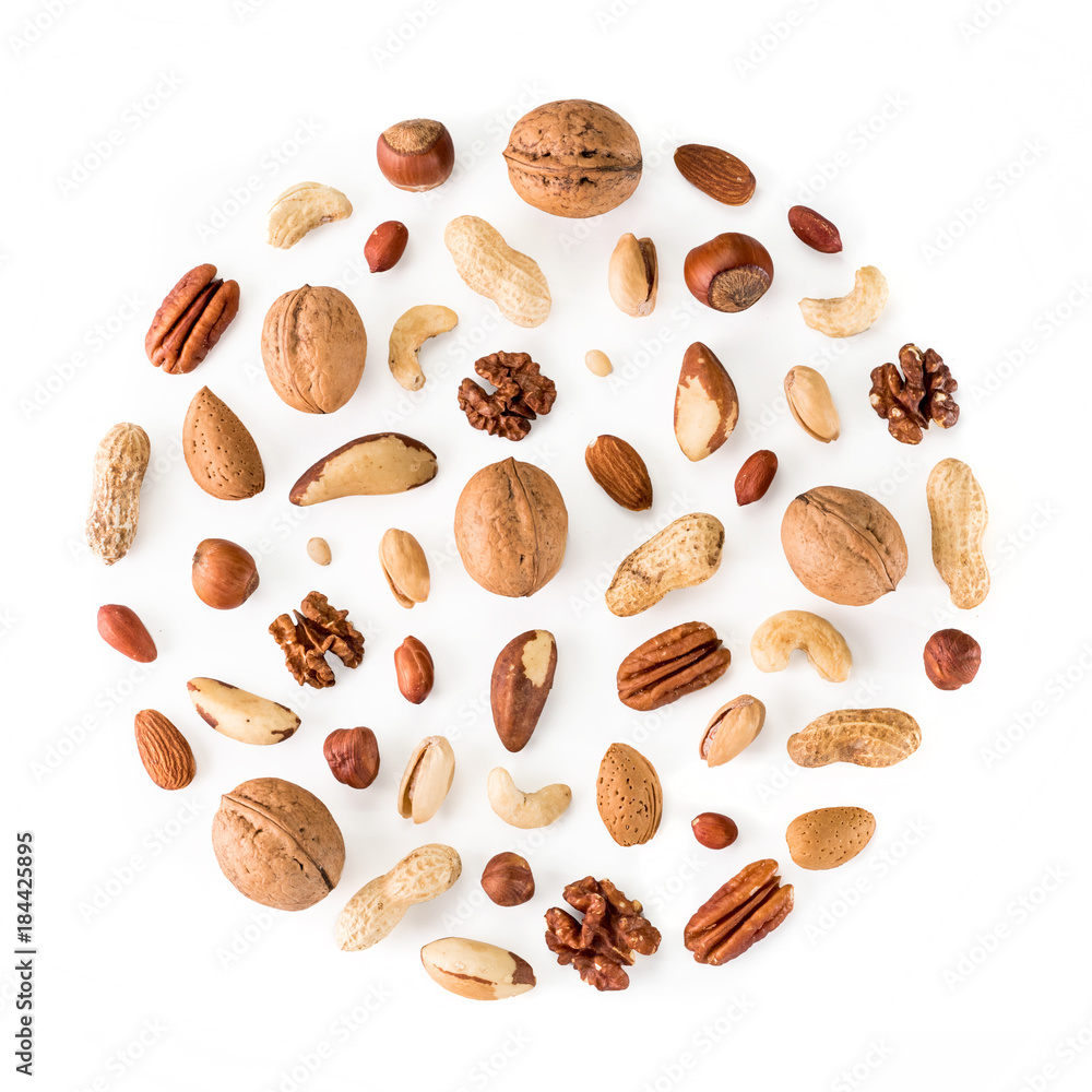 Pattern of nuts in circle form. Various nuts isolated on white. pecan ...