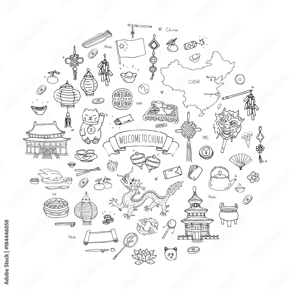 Hand drawn doodle China icons collection Vector illustration Sketchy ...