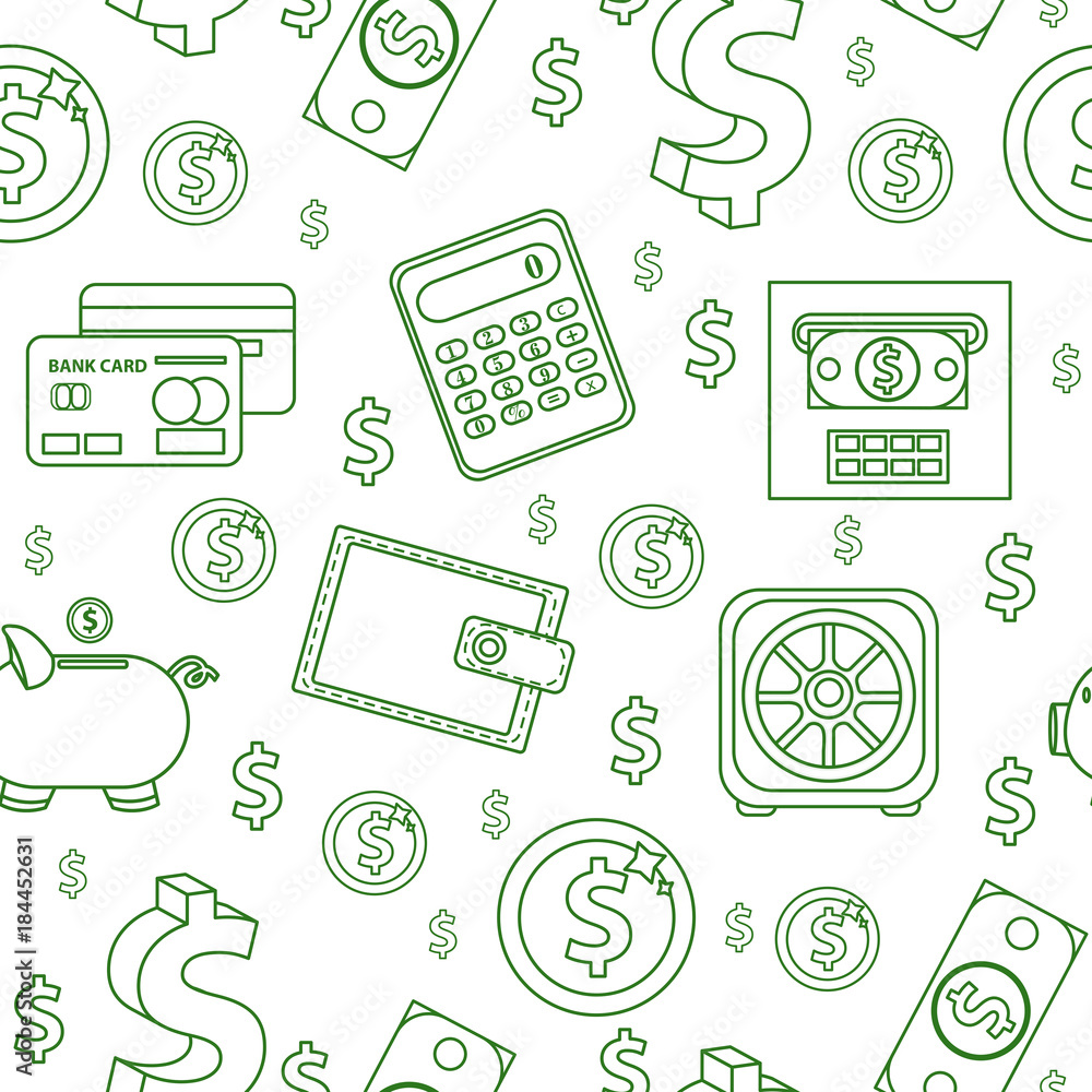 Money seamless pattern, line style. Finances endless background ...
