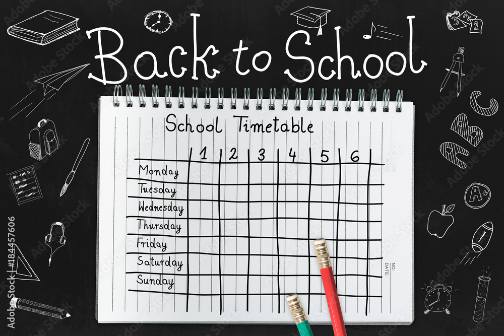 Schedule at school for the whole week. Hand-drawn table with a lesson ...