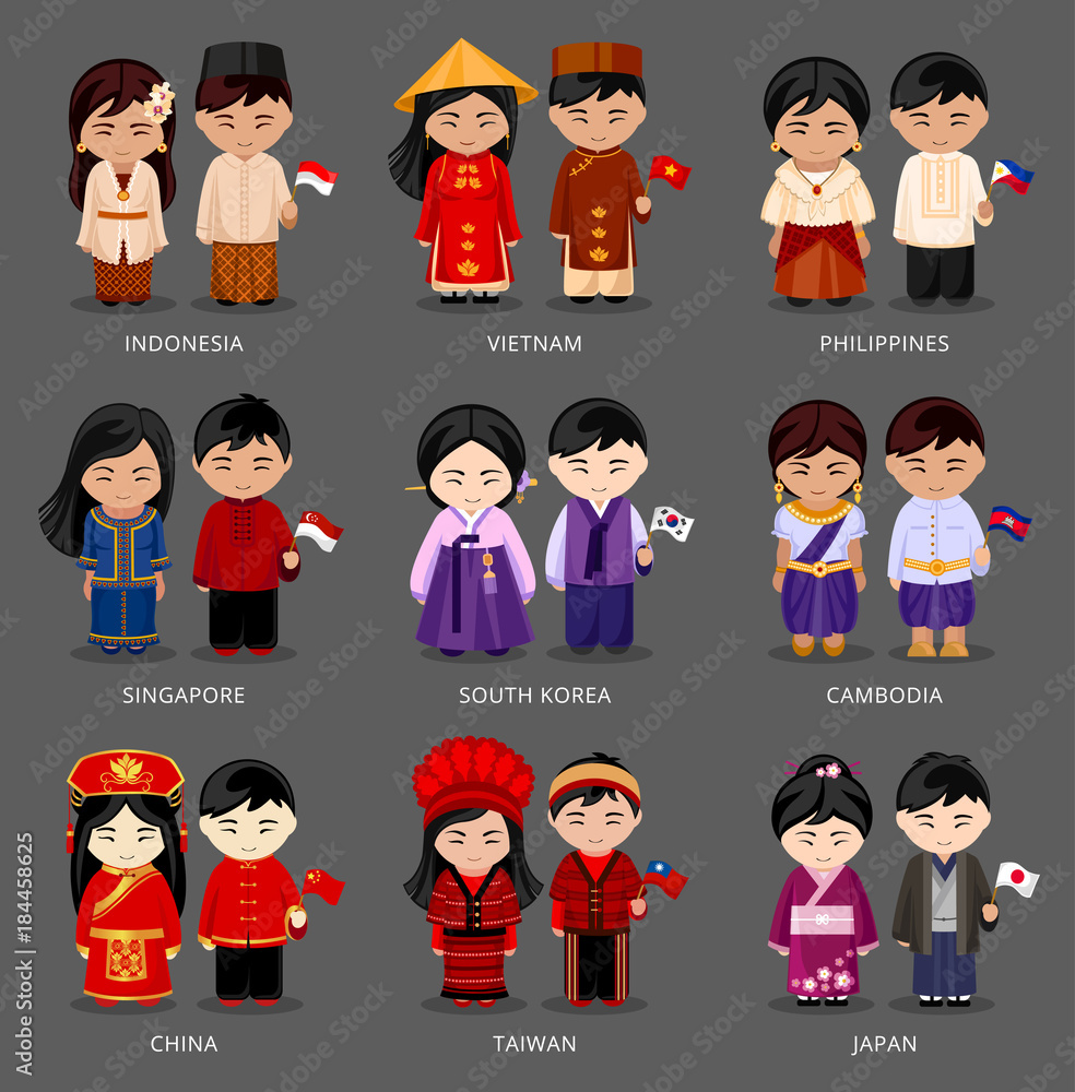 Set of asian pairs dressed in different national costumes. Woman and ...