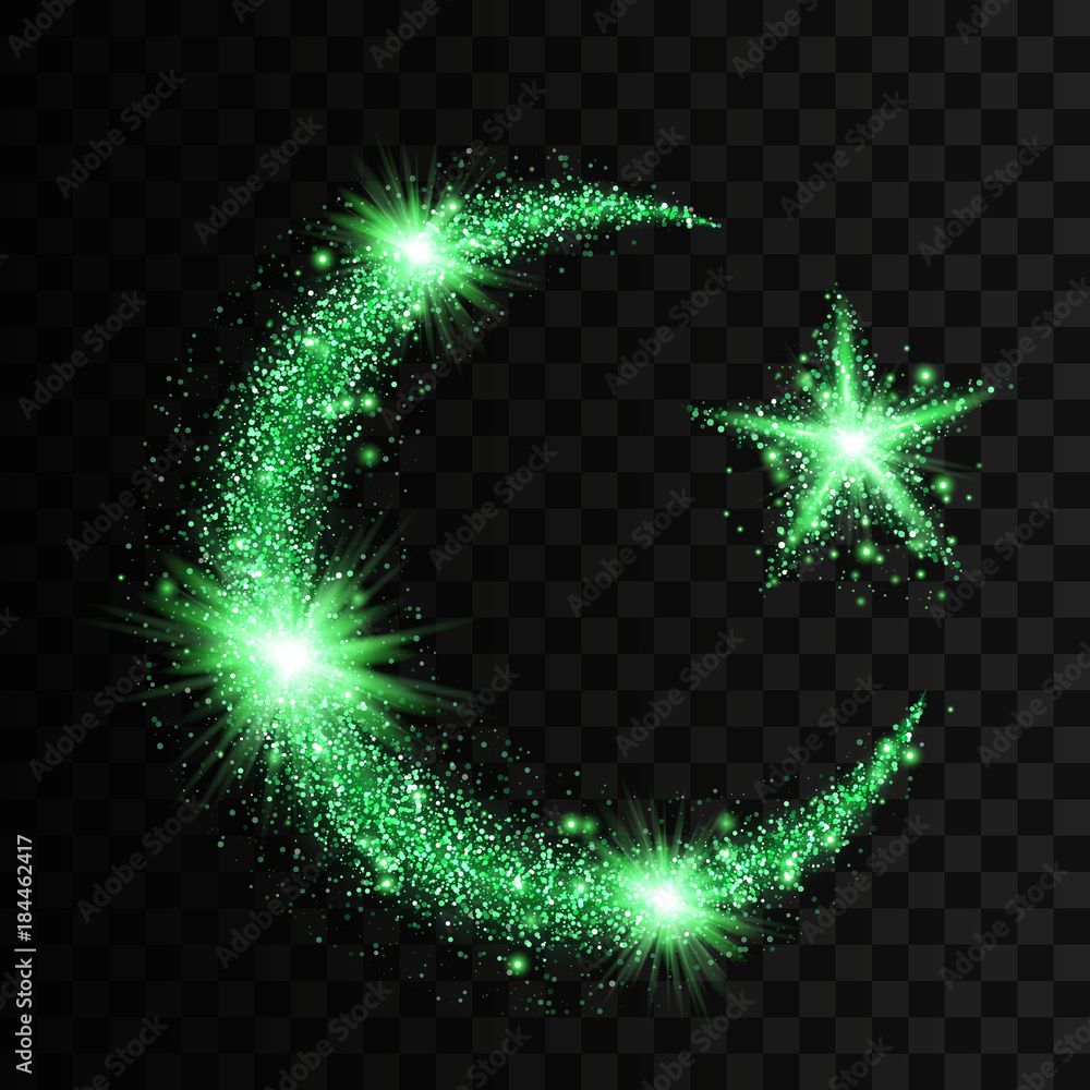 Green particles wave in form of islam symbols crescent and star with ...