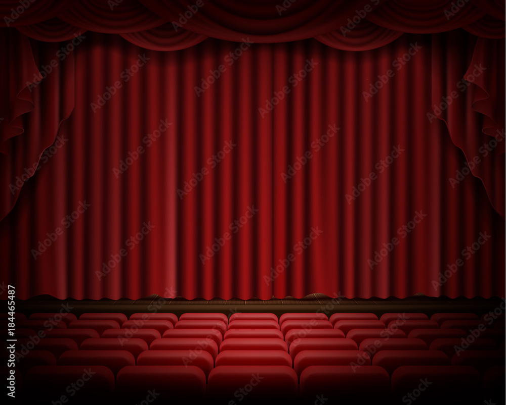 Open red stage curtain realistic vector illustration. Grand opening ...