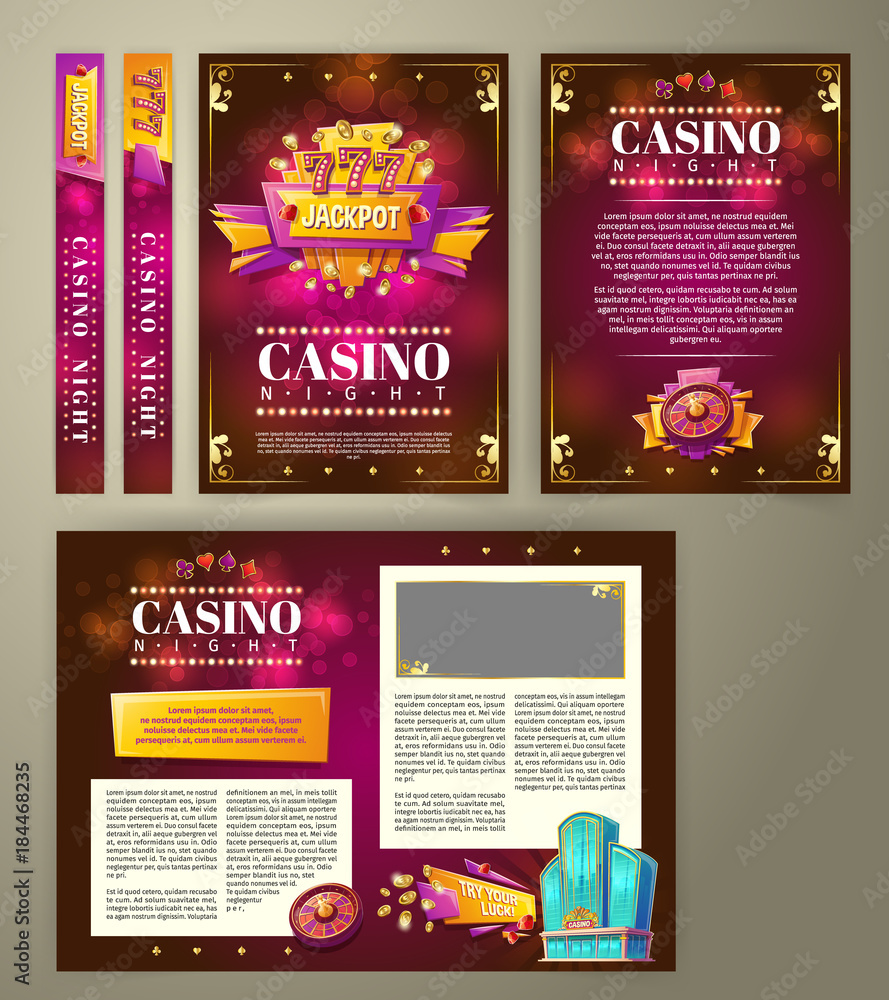 Vector casino flyer, cartoon banner, background with vintage emblem in ...
