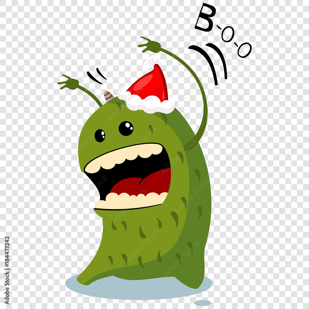 Cartoon Christmas monster in red Santa hat. Vector illustration ...