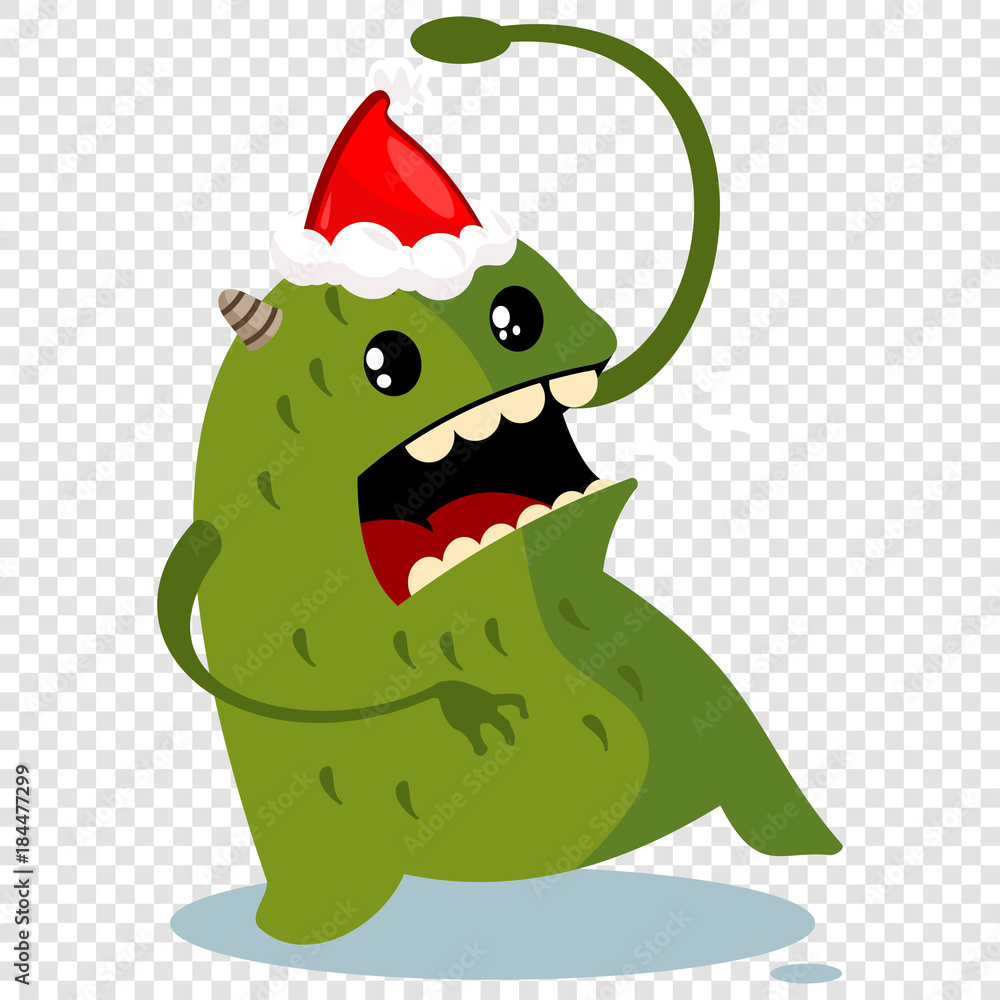 Cartoon Christmas monster in Santa hat. Vector character isolated on a ...