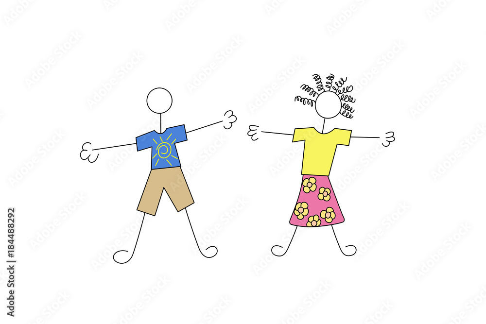 Childish drawing of two stick figures, a boy and a girl, vector ...
