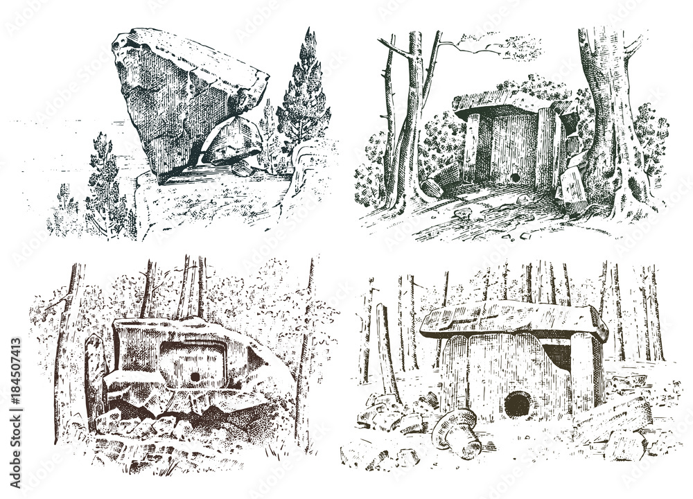 set ancient cave. prehistoric house of wood or stone rock with the ...