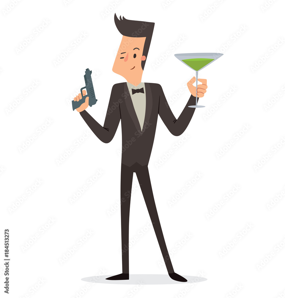 Vector cartoon image of a funny super agent with black hair in a black ...