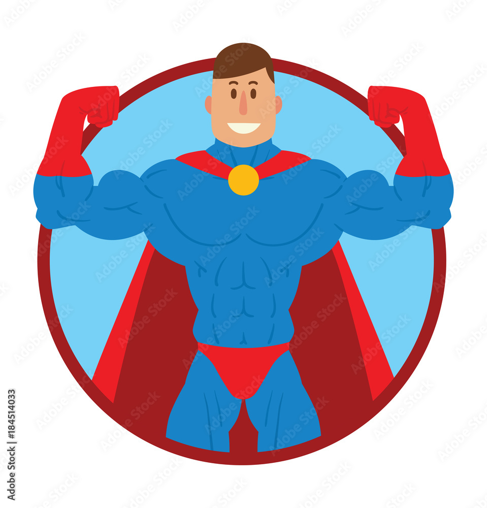 Vector image of a red round frame with cartoon image of a muscular man ...