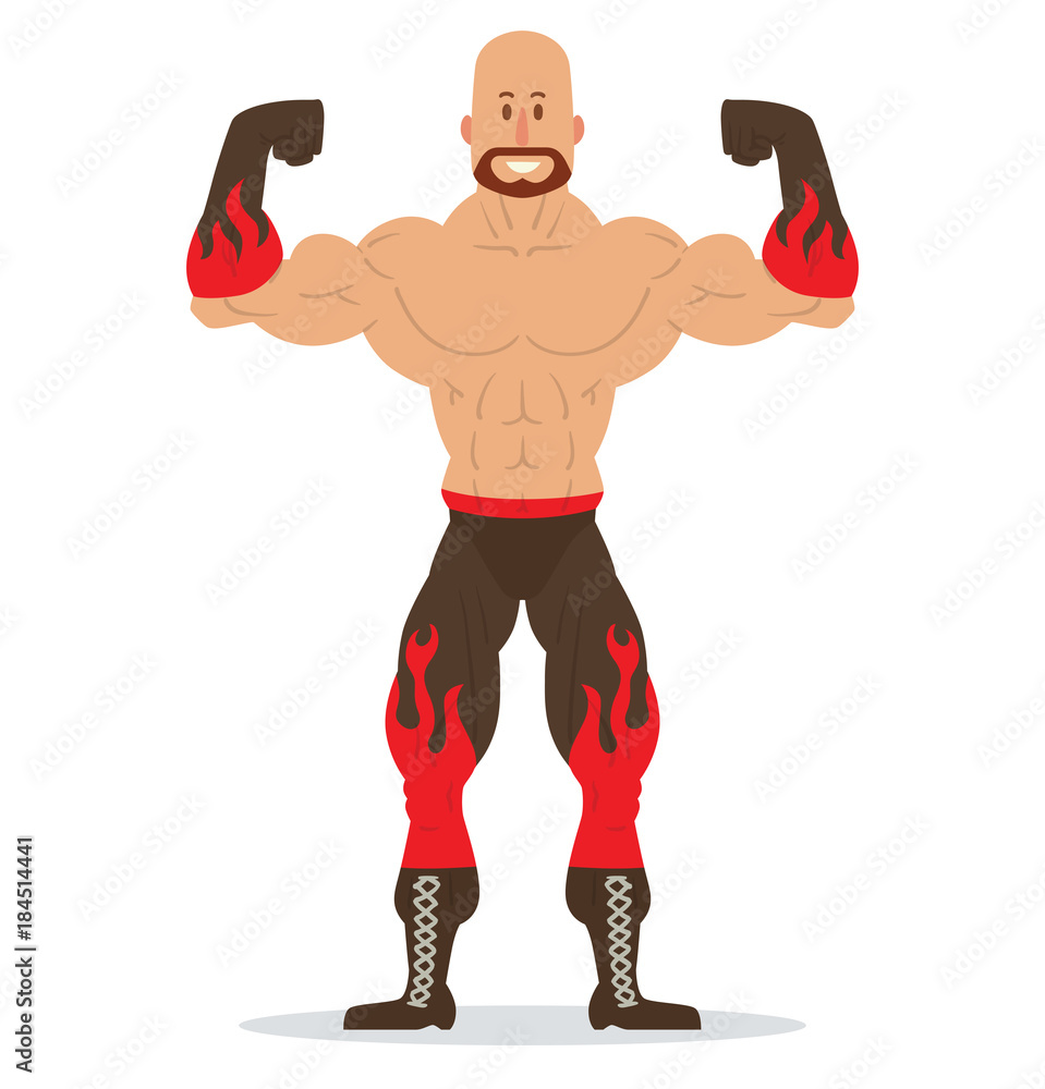 Vector cartoon image of a bald wrestler with a beard, in black pants ...