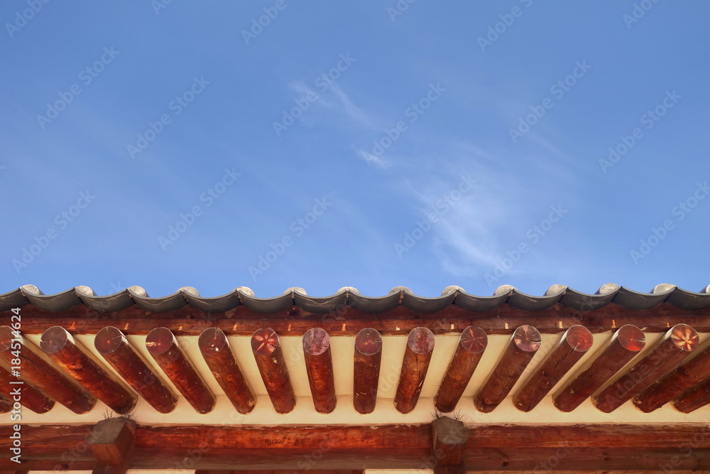 Traditional korean architecture roof with blue sky background. Stock ...