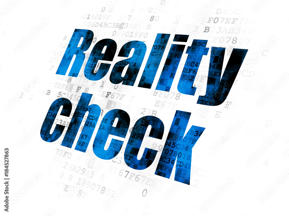 Business concept: Pixelated blue text Reality Check on Digital ...