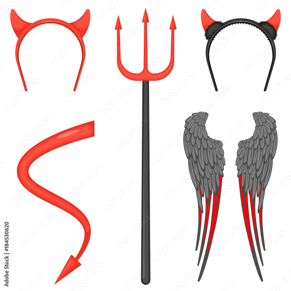 Devil costume accessories for halloween isolated illustrations set ...