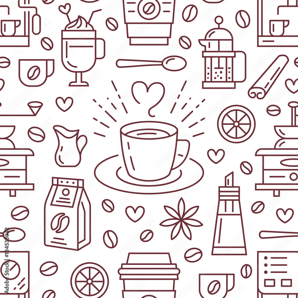 Vecteur Stock Seamless pattern of coffee, vector background. Cute ...