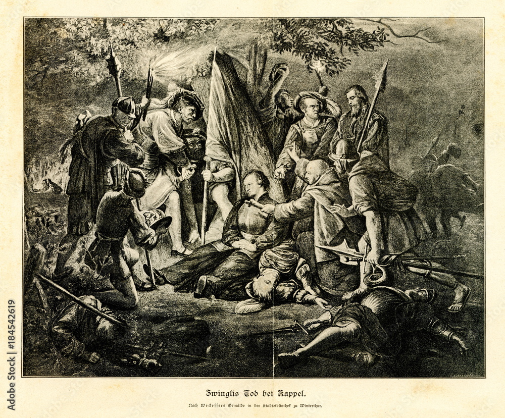 ภาพประกอบสต็อก Zwingli's death at the Battle of Kappel, 11 October 1531 ...