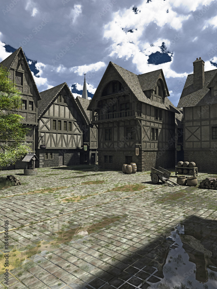 Illustration of a town square in the centre of a Medieval or fantasy ...